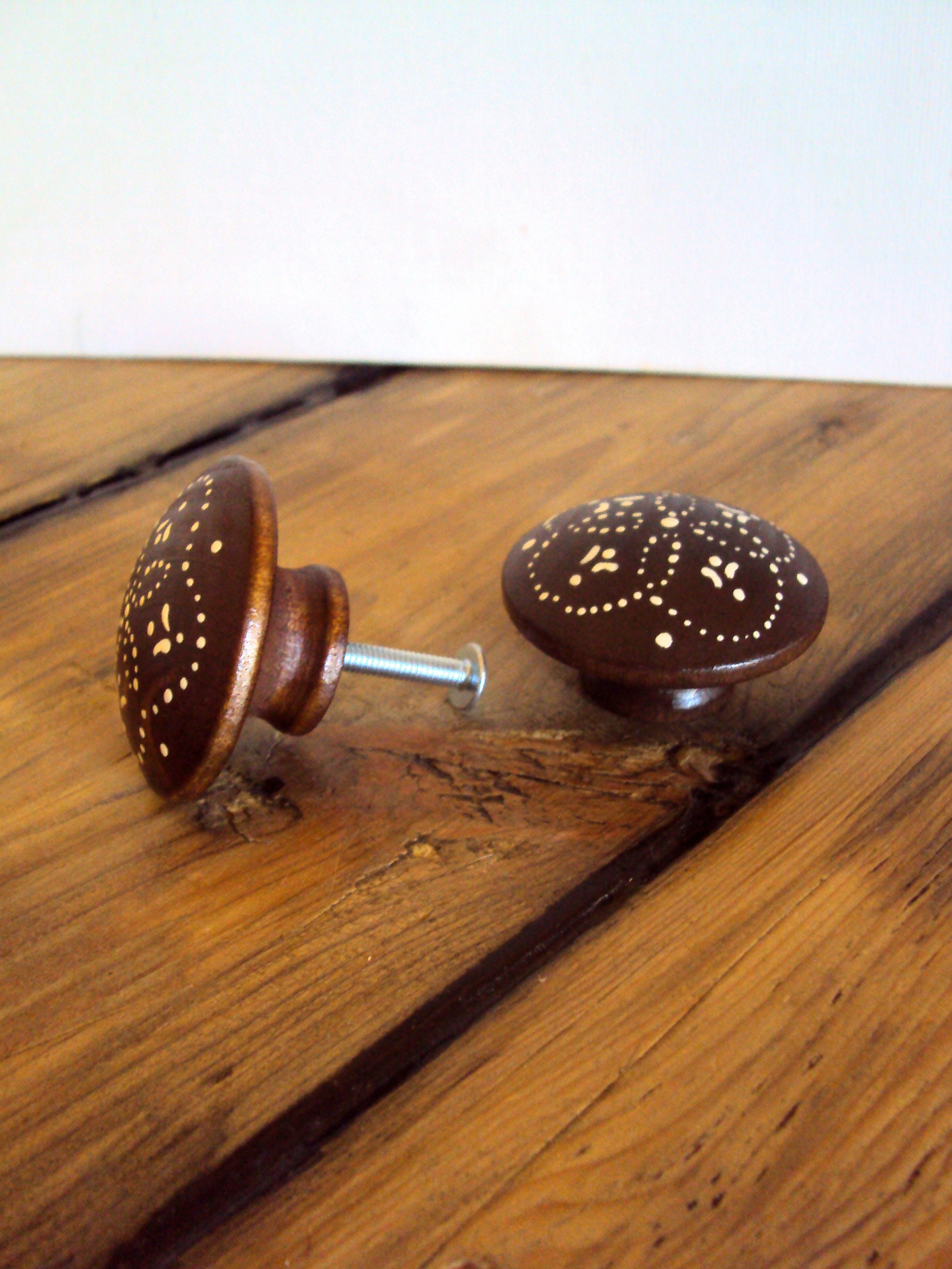 Set of Two Bohemian Knobs Brown White Wood Cabinet | Etsy