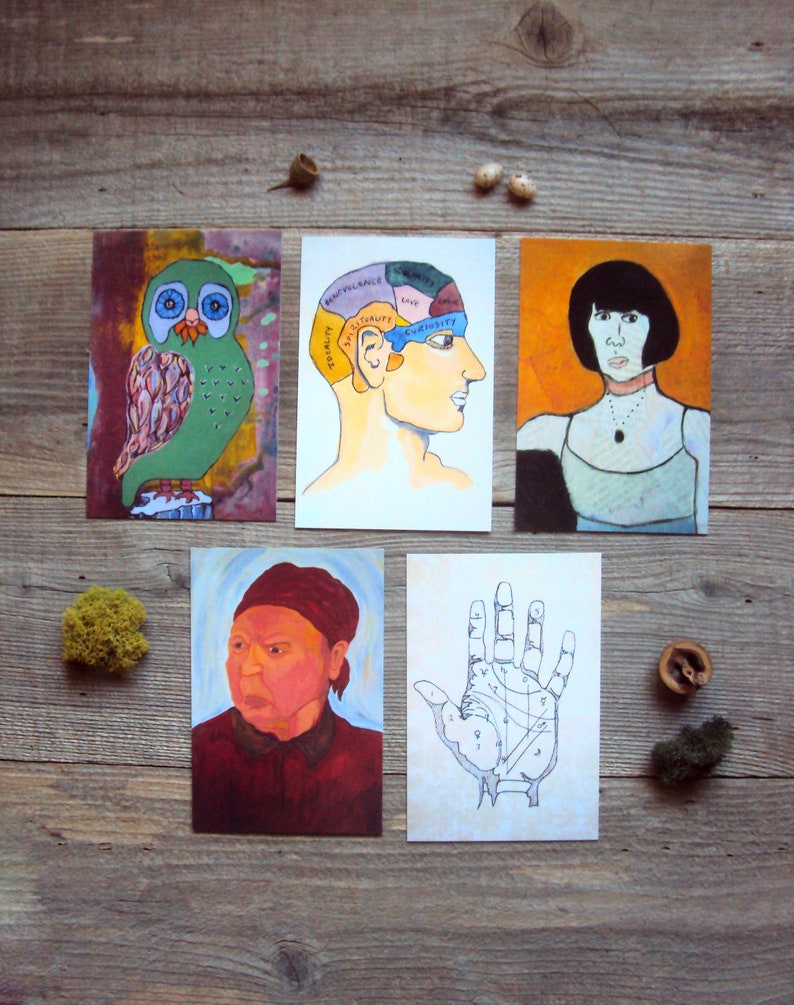 Set of Five Postcards - Unique Stationary - Bright Art Cards - Colorful ...
