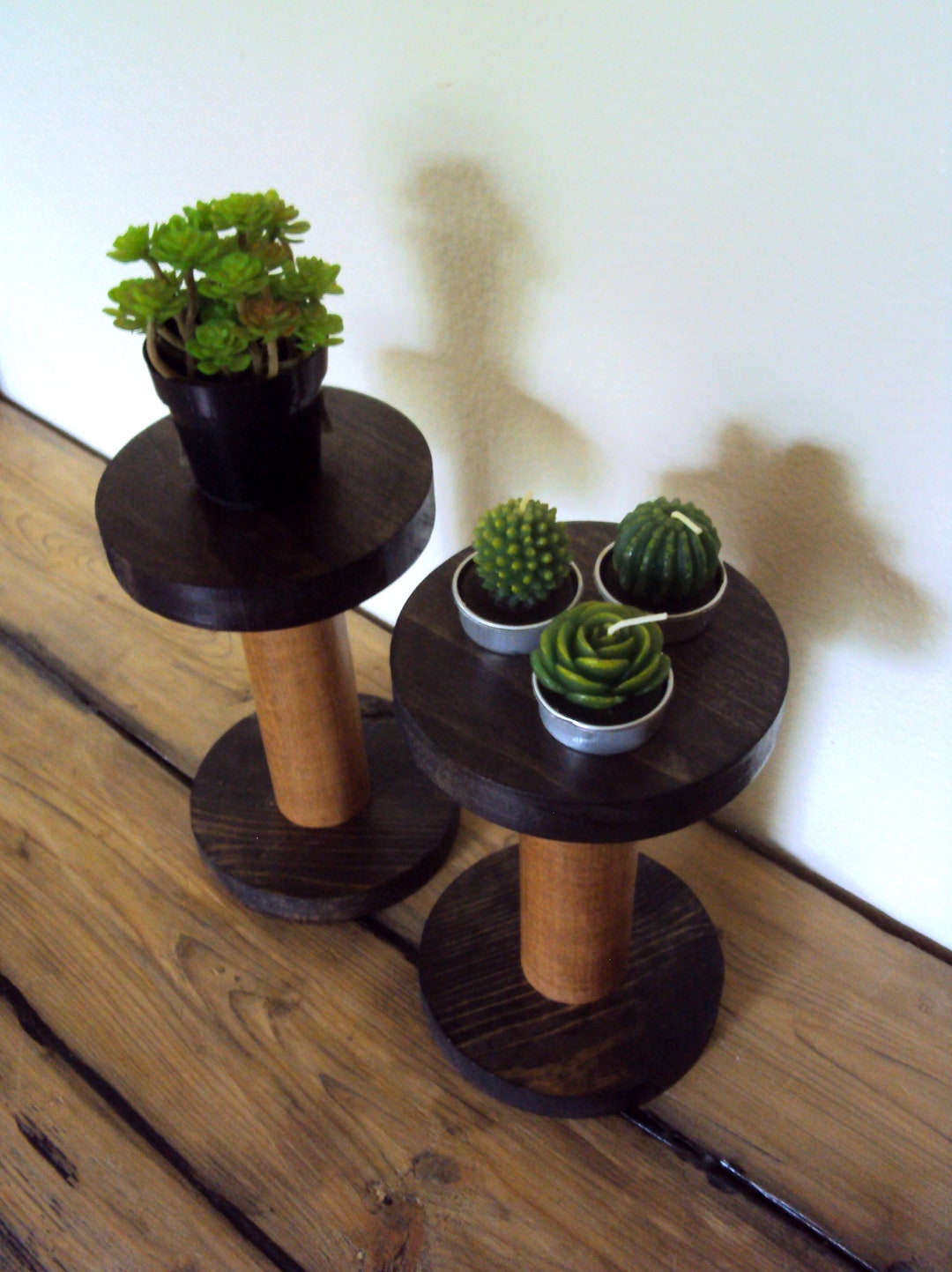 Two Industrial Wooden Spools - Indoor Plant Stands - Primitive Mantel ...