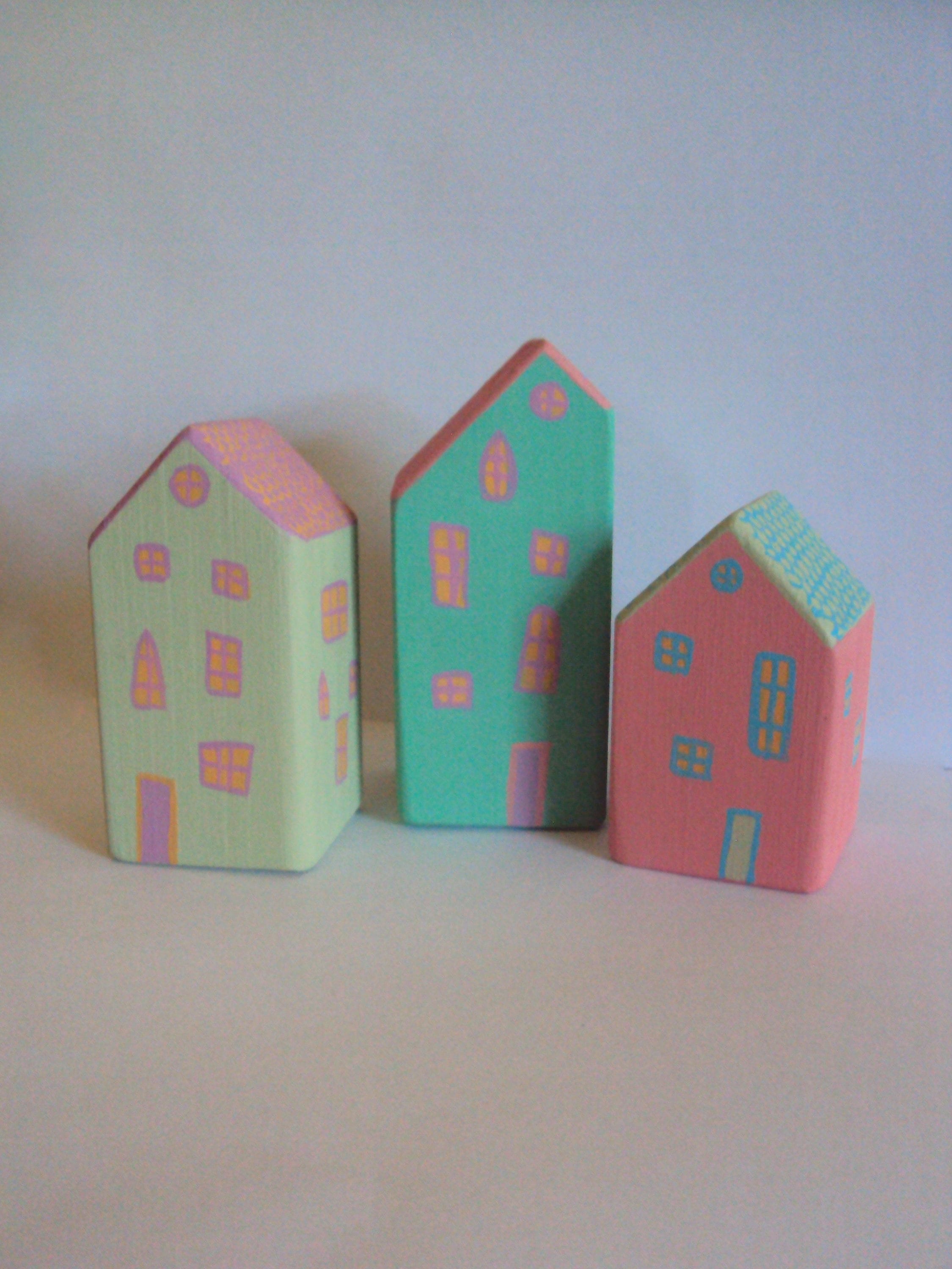 Colorful Miniature Houses Pastel Folk Cottages Tiny Wooden - Etsy
