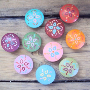 Set of 7 Hand-painted Floral Dresser Knobs Wooden Boho Drawer Pulls Colorful Cabinet Cupboard ...