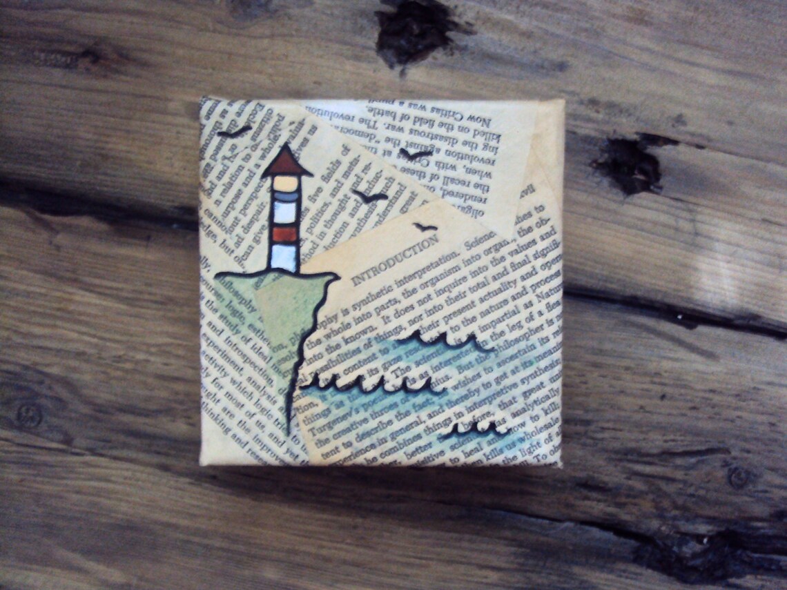Lighthouse Collage Painting Minimalist Wall Art Upcycled - Etsy