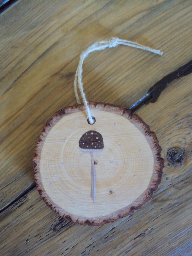 Hand Painted Mushroom Wood Slice Ornament Rustic Natural | Etsy