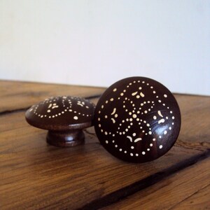 Set of Two Bohemian Knobs Brown White Wood Cabinet Cupboard Knobs Floral Wooden Dresser Drawer ...