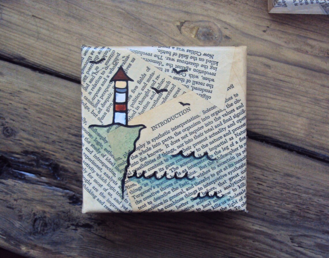 Lighthouse Collage Painting Minimalist Wall Art Upcycled - Etsy