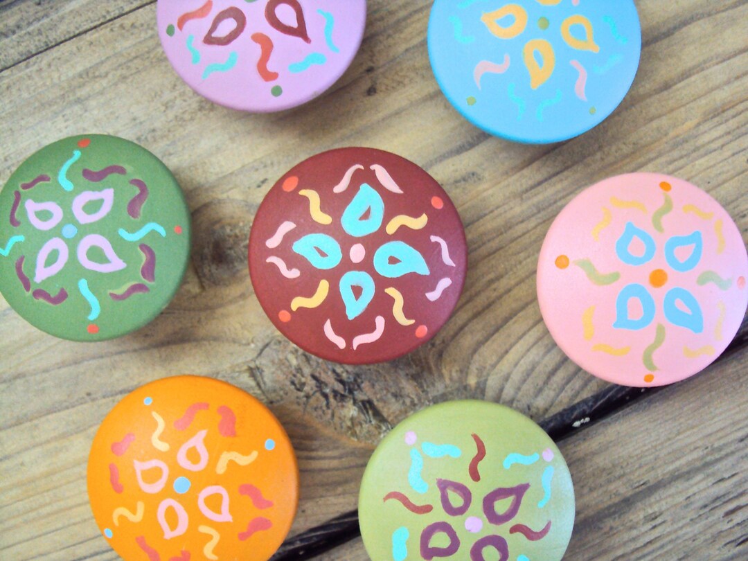 Set of 7 Hand-painted Floral Dresser Knobs Wooden Boho Drawer Pulls Colorful Cabinet Cupboard ...