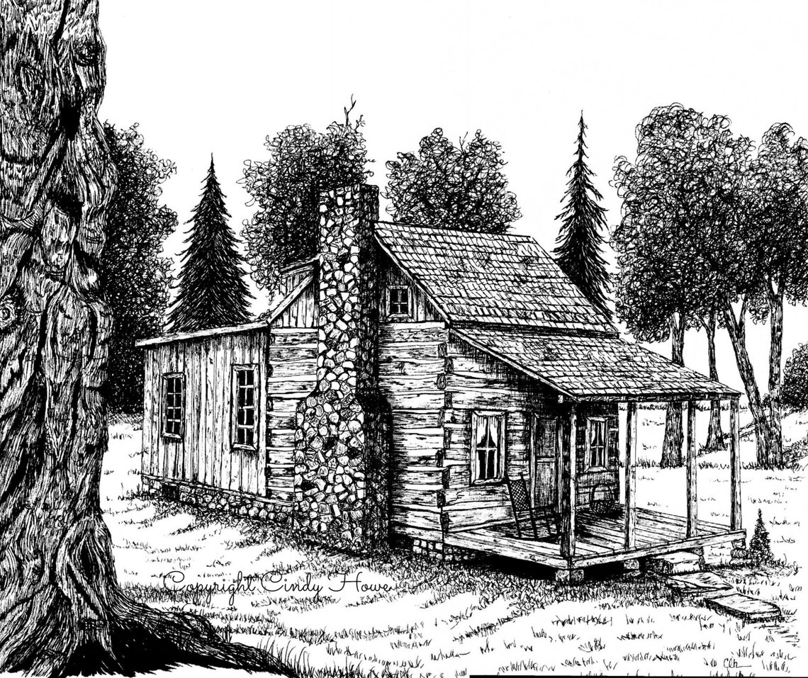 Log Cabin Print, Country, Cabin, Landscape, Cabins, Pen and Ink, Stone ...