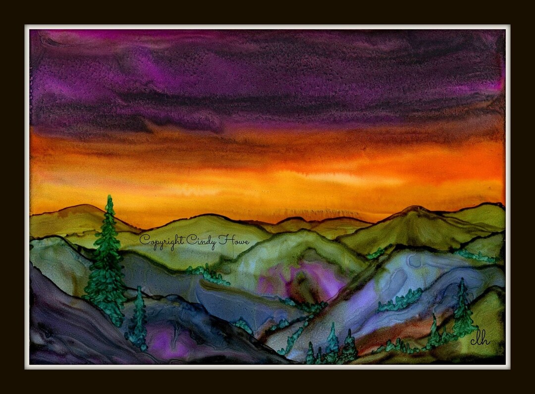 Mountain Landscape, Art Print, Original Alcohol Ink Print, Sunset ...