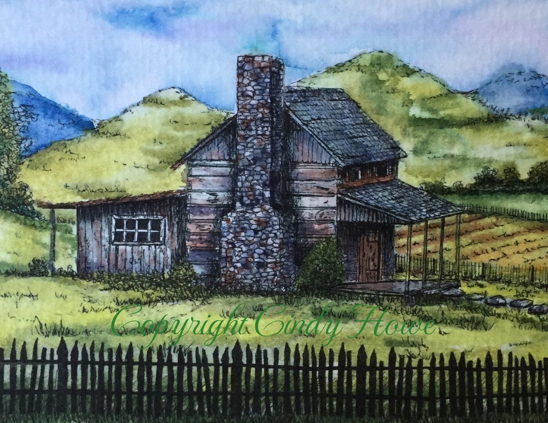 Log Cabin Print, Country, Cabin, Landscape, Cabins, Pen and Ink, Stone ...
