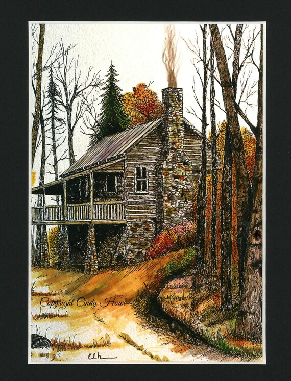 Drawings Old Country Cabin Log Cabin Print, Country, Cabin, Landscape,