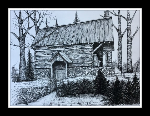 Drawings Old Country Cabin Log Cabin Print, Country, Cabin, Landscape,