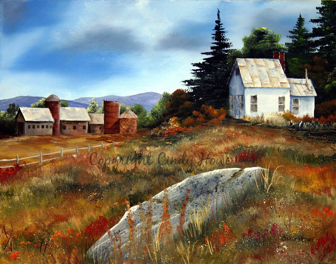 Autumn Farm, Art Print, Original Acrylic on Canvas, Print, Barns, Farm ...