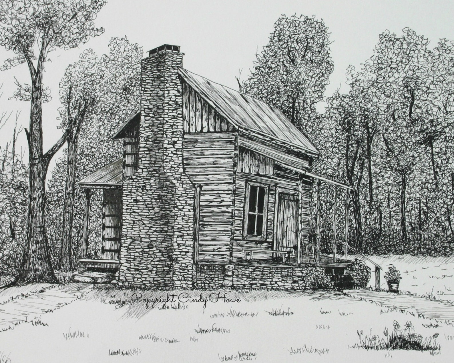 Log Cabin Print, Country, Cabin, Landscape, Mountain Cabin, Pen and Ink ...
