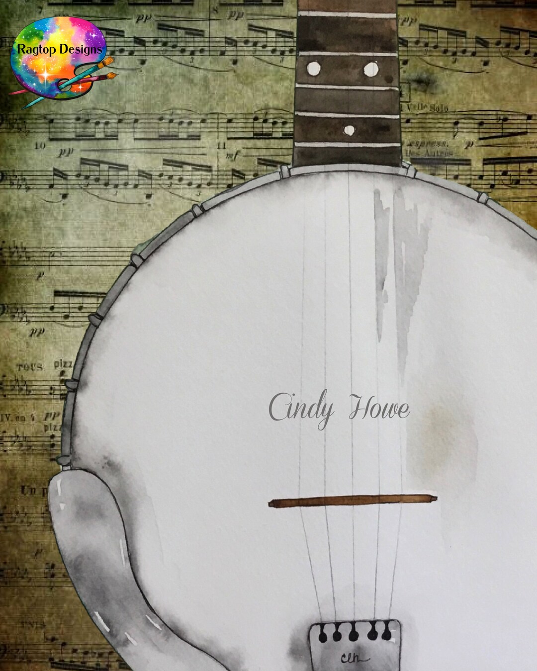 Banjo Art, Five String Banjo, Original Watercolor, Musical Instruments ...