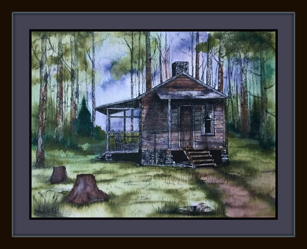 Log Cabin Print, Country, Cabin, Landscape, Mountain Cabin, Pen and Ink ...