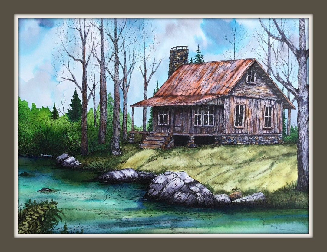 Log Cabin Print, Mountains, Country, Cabin, Landscape, Creek ...