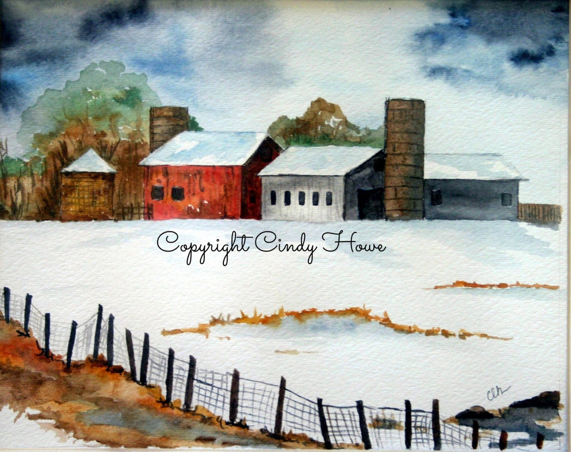 Art Print, Original Watercolor Print, Barns, Barns, Snow Scene, Barns ...