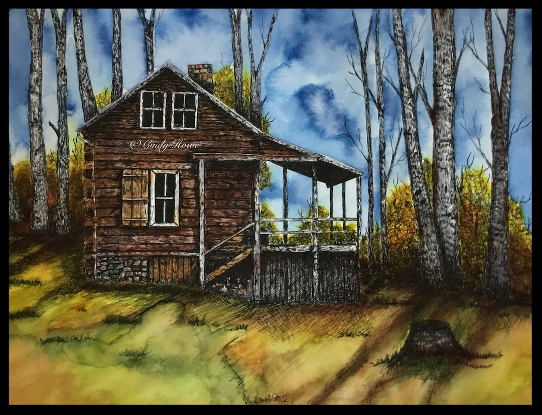 Log Cabin Print, Country, Cabin, Landscape, Mountain Cabin, Pen and Ink ...