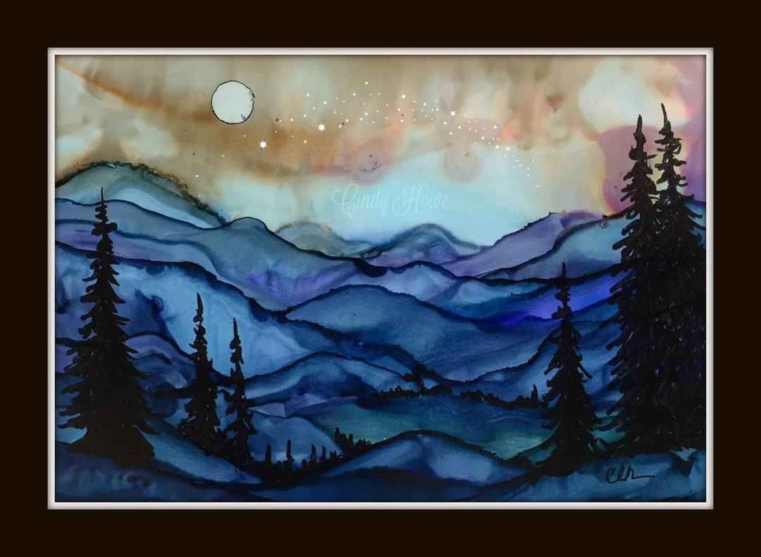 Mountain Landscape, Art Print, Original Alcohol Ink Print, Landscape ...