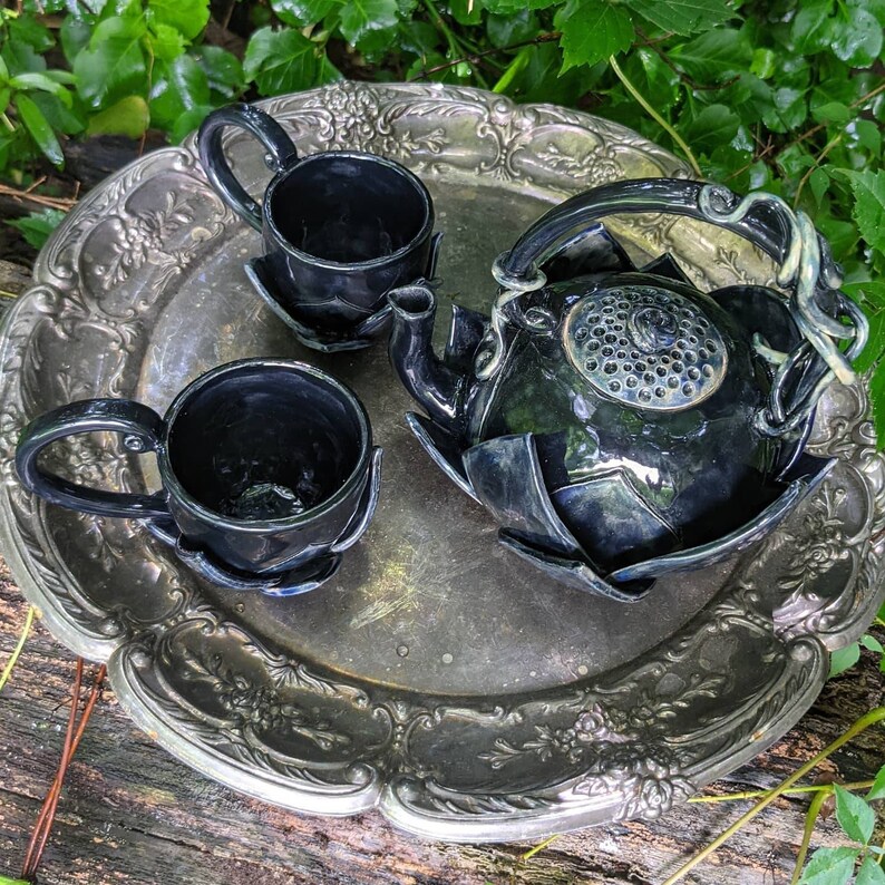 Black Lotus Tea Set Goth Kitchen Fancy Tea Set Magic Decor | Etsy