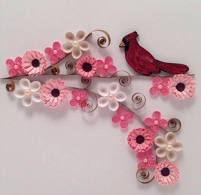 Quilled Cardinal With Flowers Quilling Art Handmade Framed | Etsy