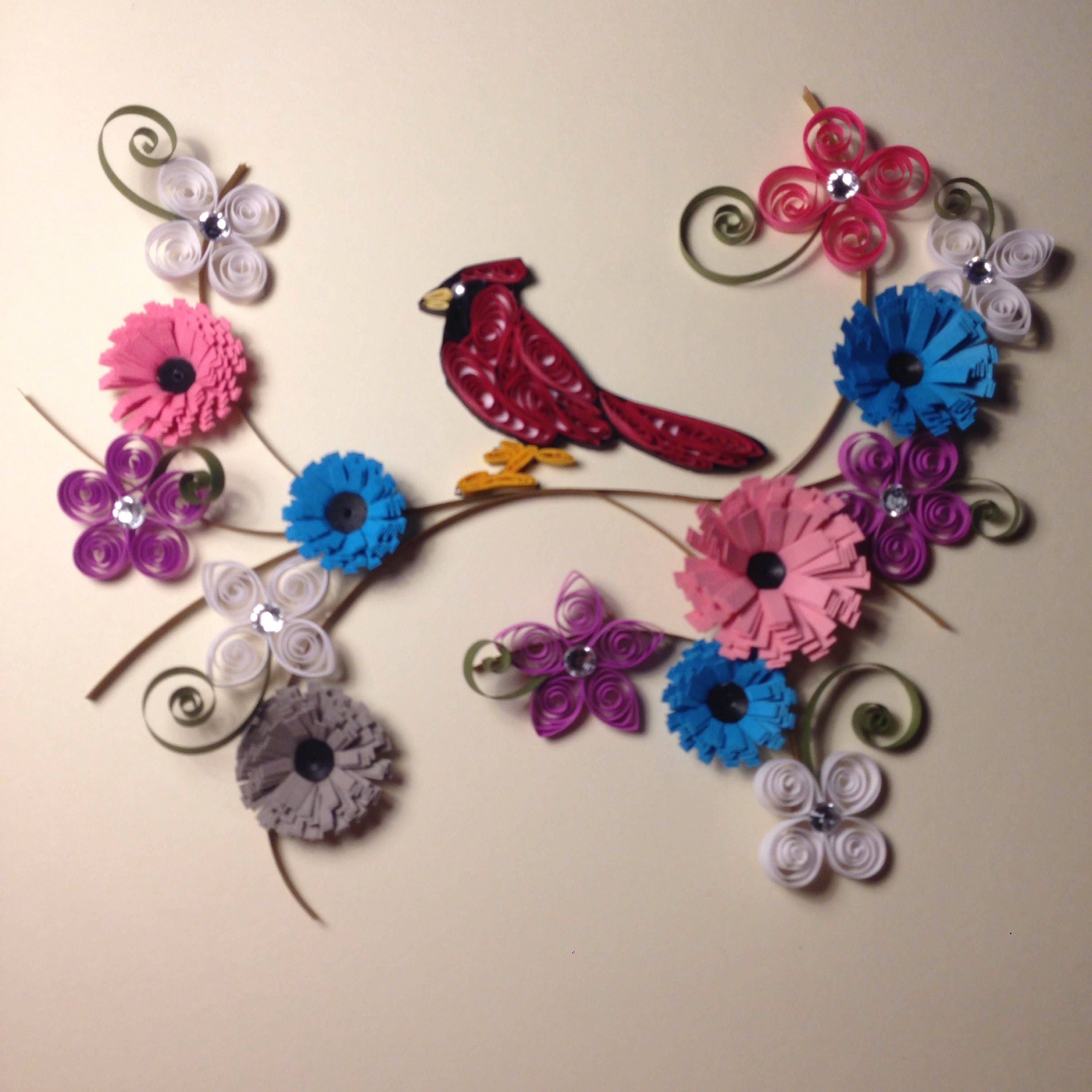 Quilled Cardinal With Flowers Quilling Art Handmade Framed | Etsy