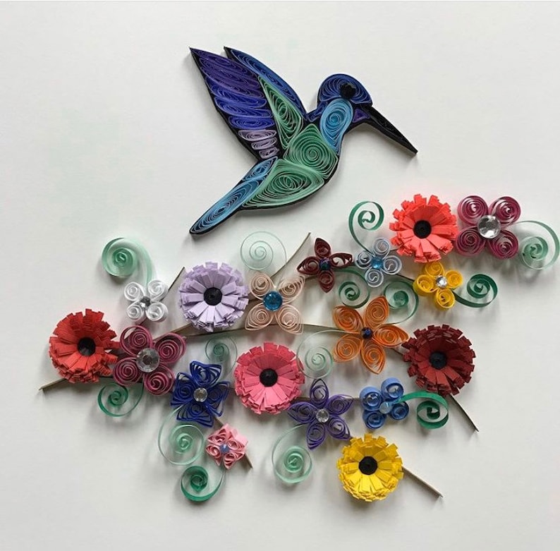 Quilled Hummingbird With Flowers Quilling Art Handmade - Etsy