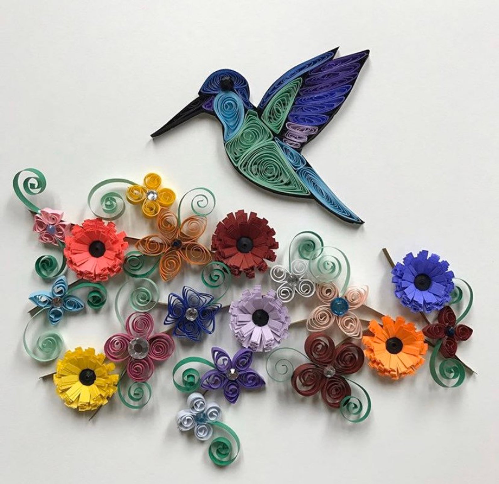 Quilled Hummingbird With Flowers Quilling Art Handmade | Etsy