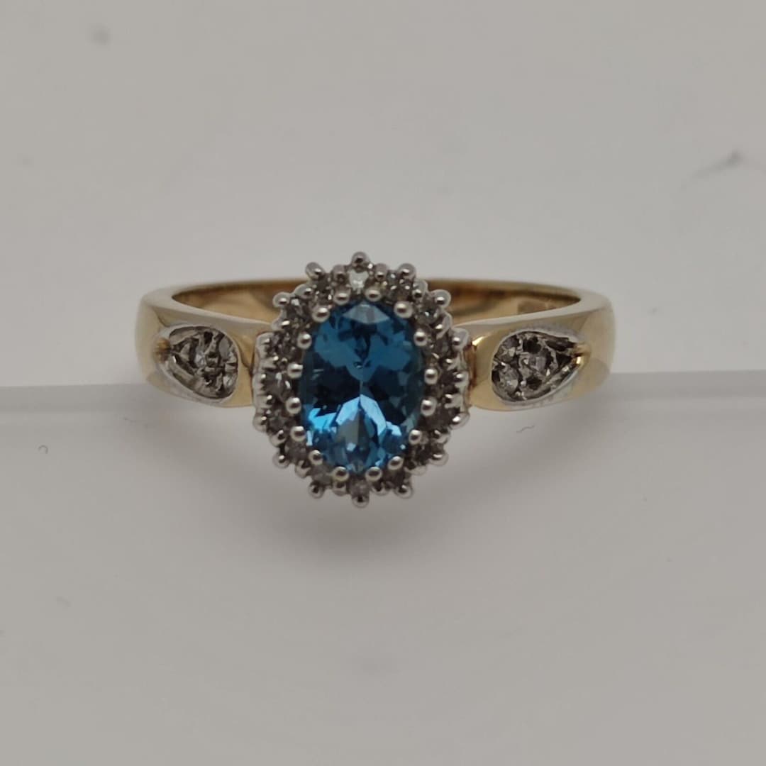 9ct Gold Ring Blue Topaz and Diamond Gemstones Ring Size O 9ct Yellow ...