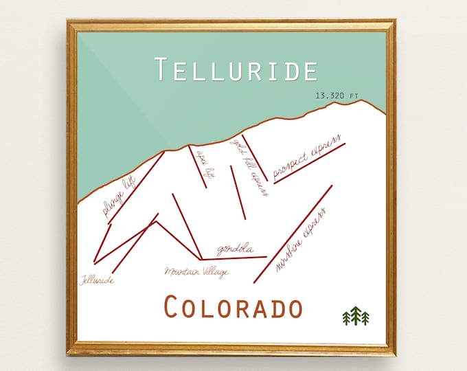 Telluride Colorado Ski Trail Map Print or Canvas. Colorado Ski Map ...