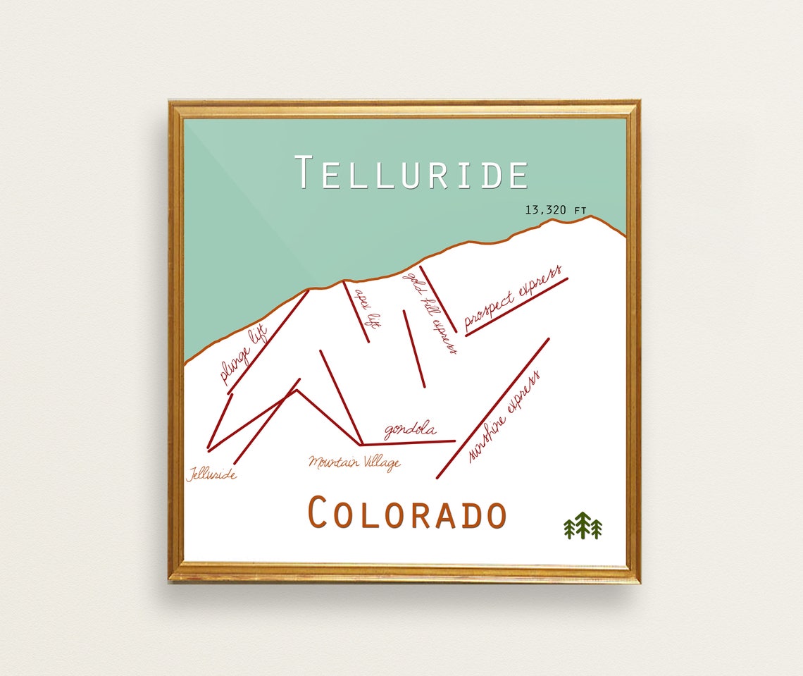 Telluride Colorado Ski Trail Map Print or Canvas. Colorado Ski Map ...