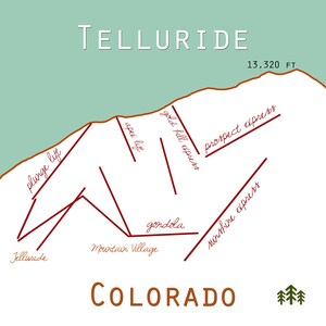 Telluride Colorado Ski Trail Map Print or Canvas. Colorado Ski Map ...
