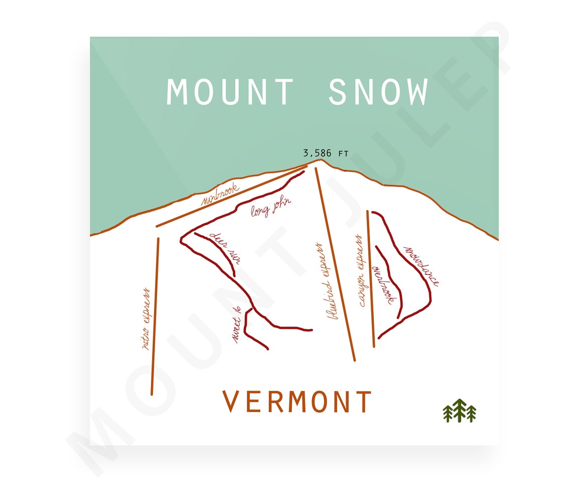 Mount Snow Vermont Ski Trail. Vermont Ski Art. Mount Snow Map. - Etsy