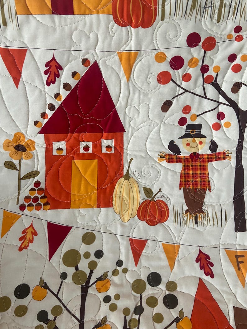 Handmade Quilt, Fall Time Quilt, Machine Quilted, Pumpkins, Leaves ...
