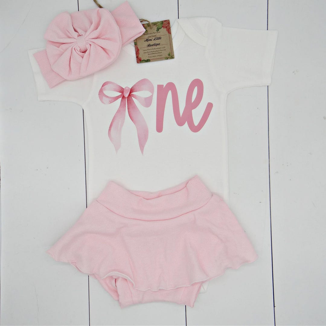 ONE Pink Bow Girl Birthday Outfit, Coquette Pink Bow Birthday Outfit ...