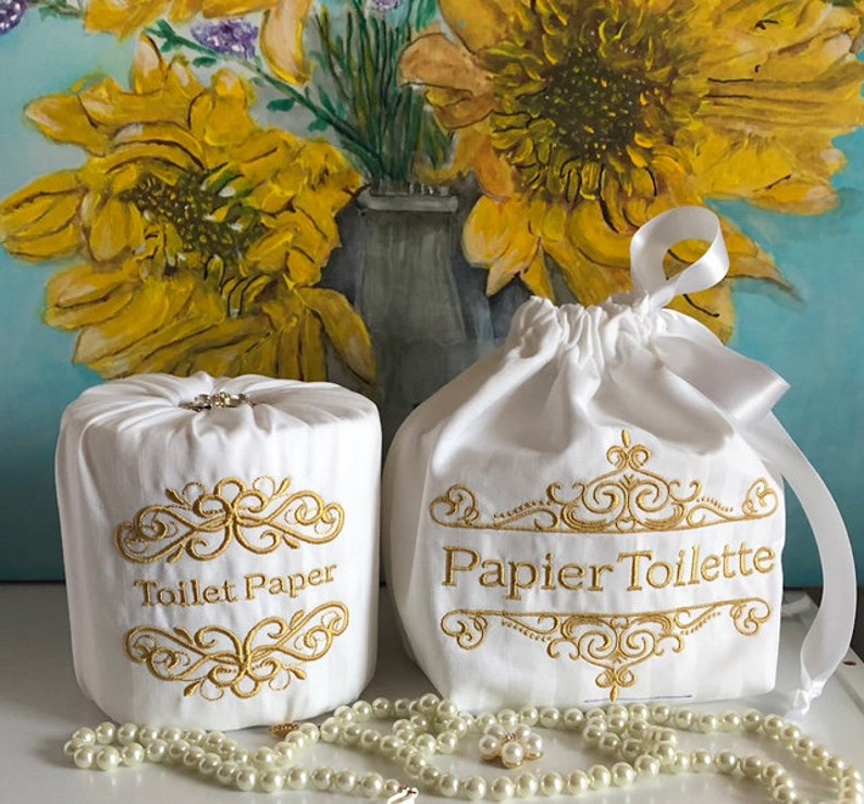Embroidered Toilet Paper Cover: White Cotton Damask, Gold Regal ...