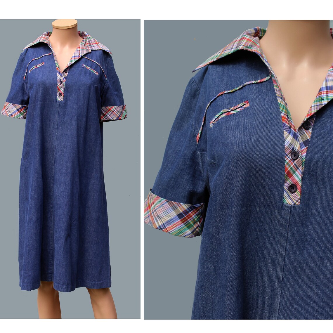 Vintage 70s Denim Tent Dress / Denim and Madras Dress / 70s Denim ...