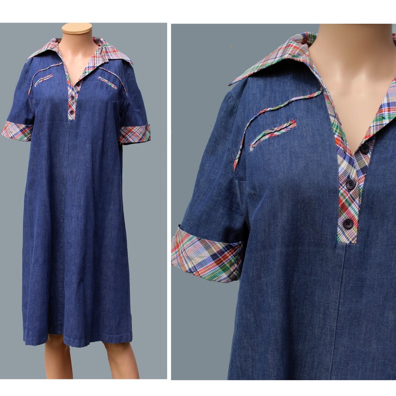 Vintage 70s Denim Tent Dress / Denim and Madras Dress / 70s Denim ...