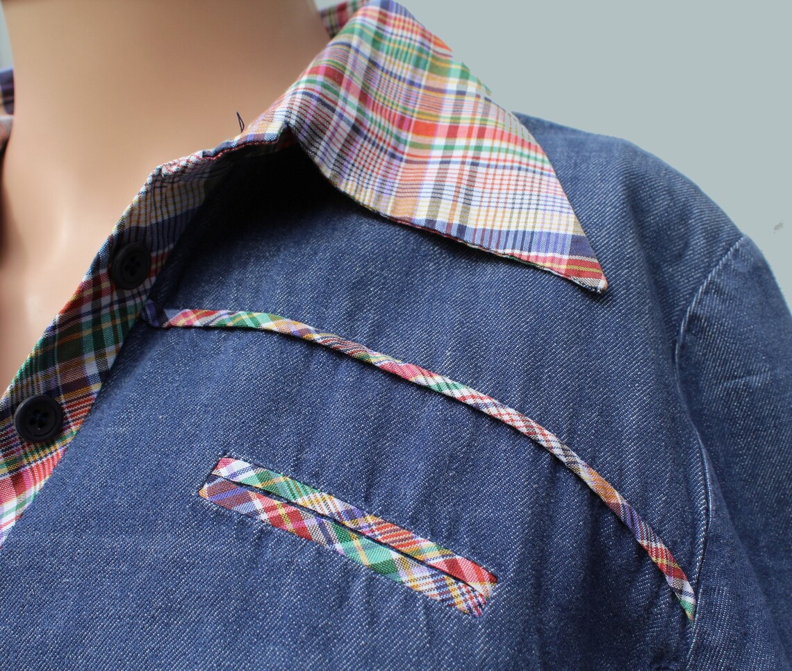 Vintage 70s Denim Tent Dress / Denim and Madras Dress / 70s Denim ...