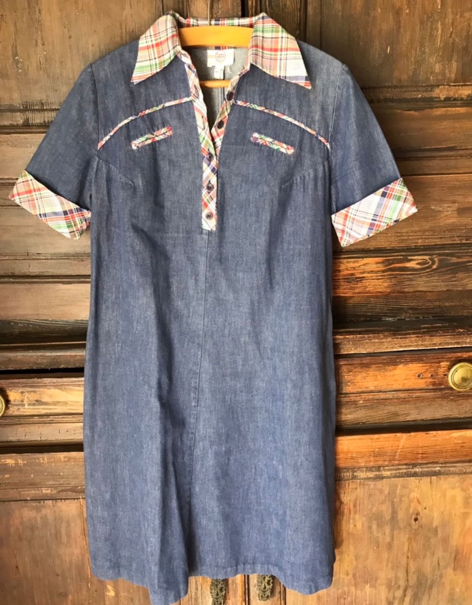 Vintage 70s Denim Tent Dress / Denim and Madras Dress / 70s Denim ...