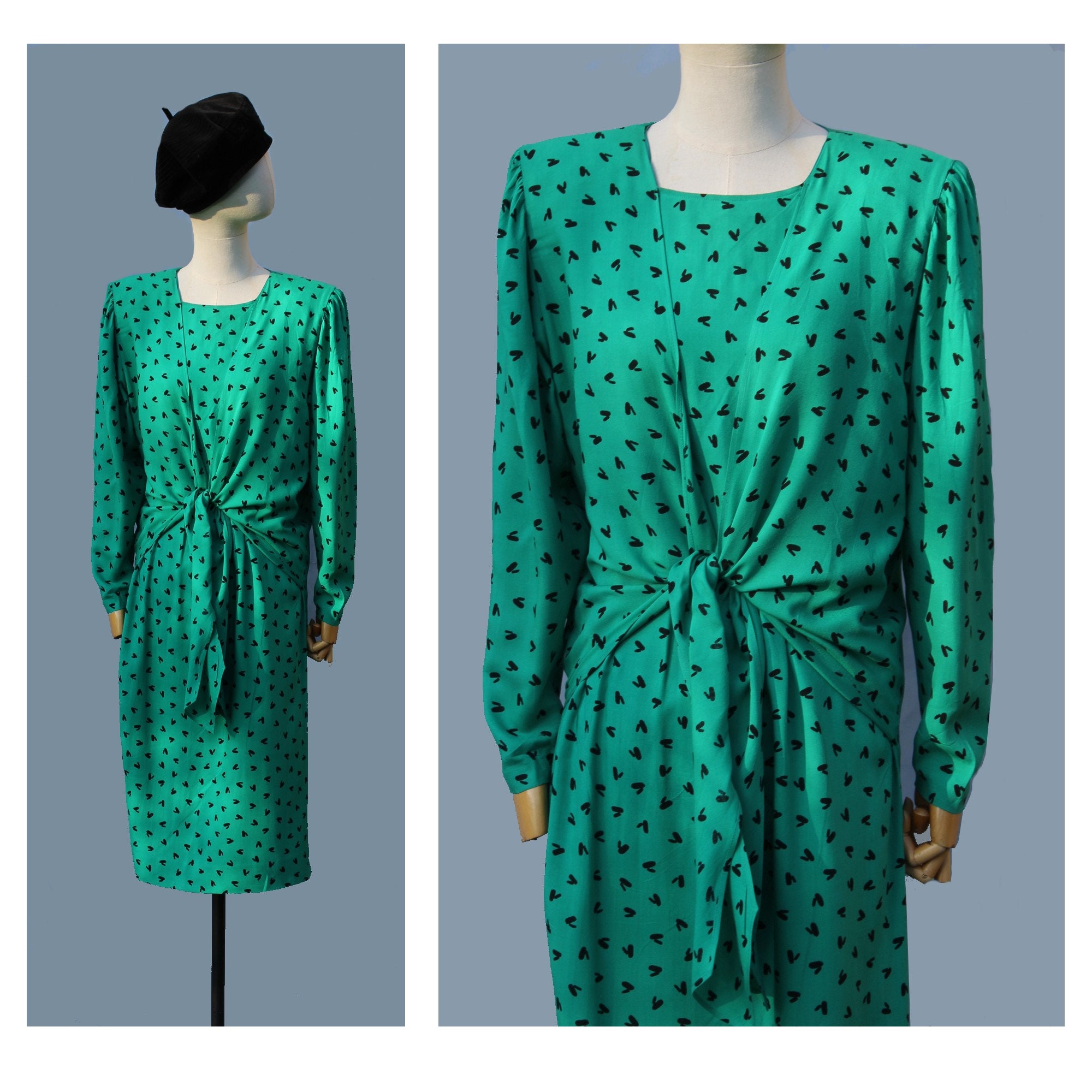 1980s Guy Laroche Paris Green Printed Dress , Long Sleeves 1980s Guy Laroche Paris Green Printed Dress , Long Sleeves
