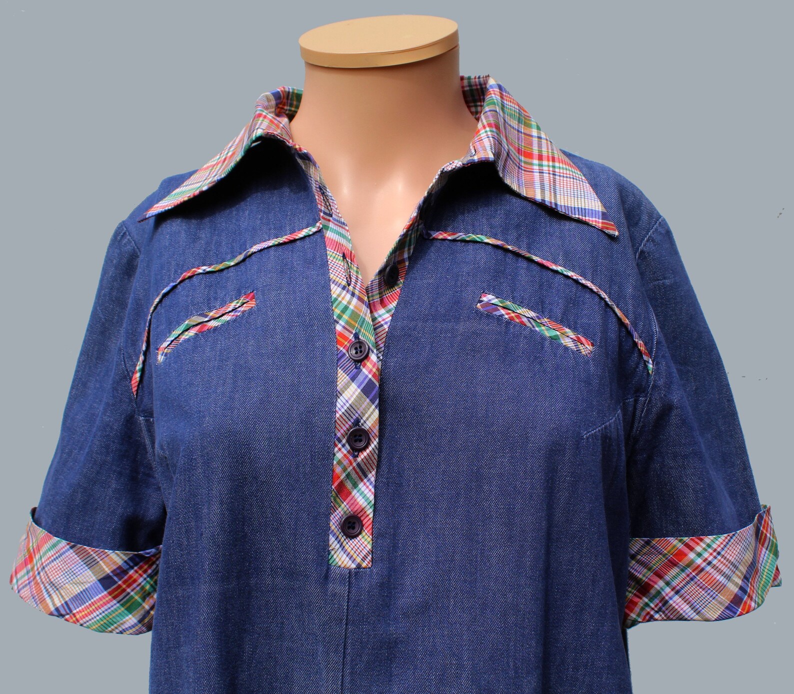 Vintage 70s Denim Tent Dress / Denim and Madras Dress / 70s Denim ...