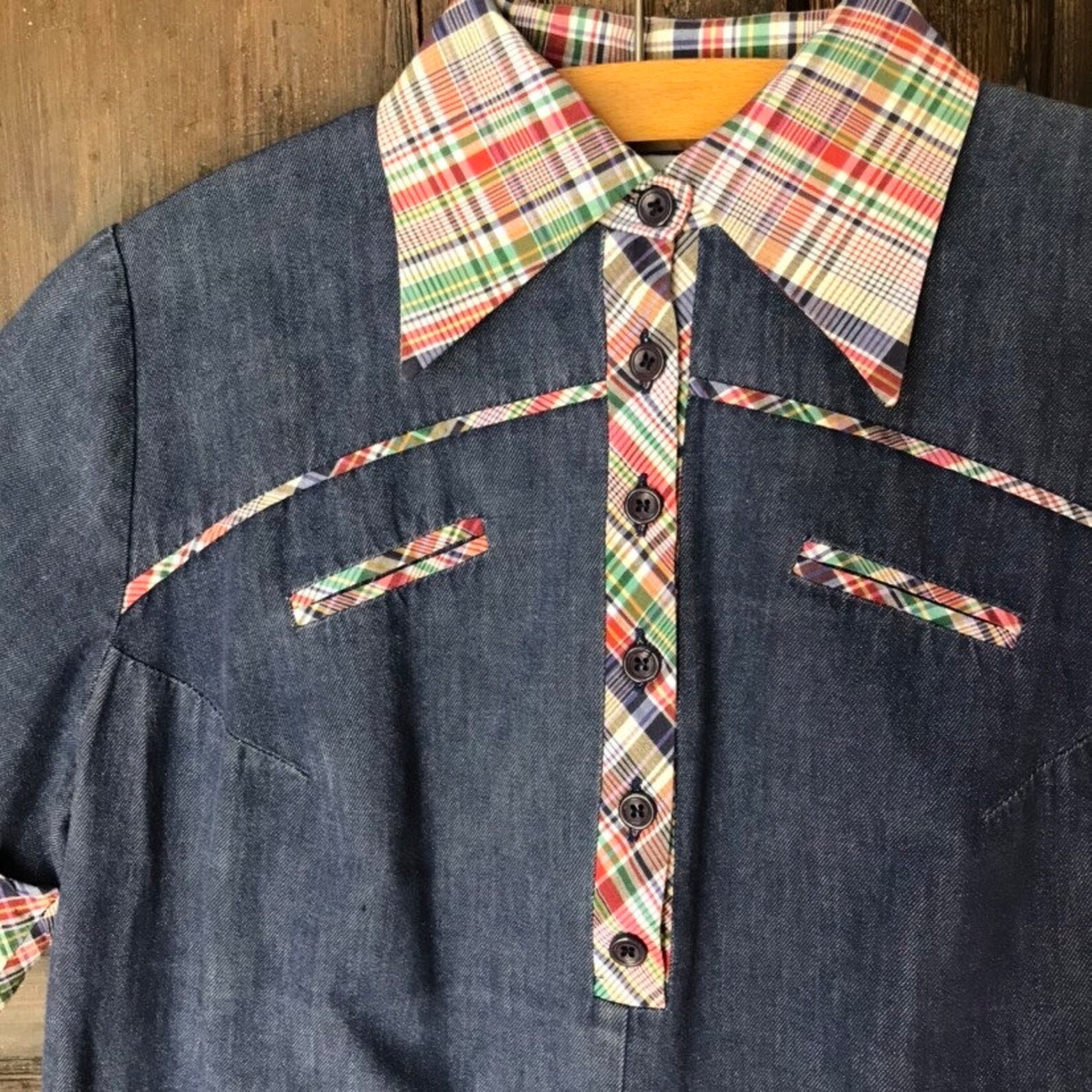 Vintage 70s Denim Tent Dress / Denim and Madras Dress / 70s Denim ...