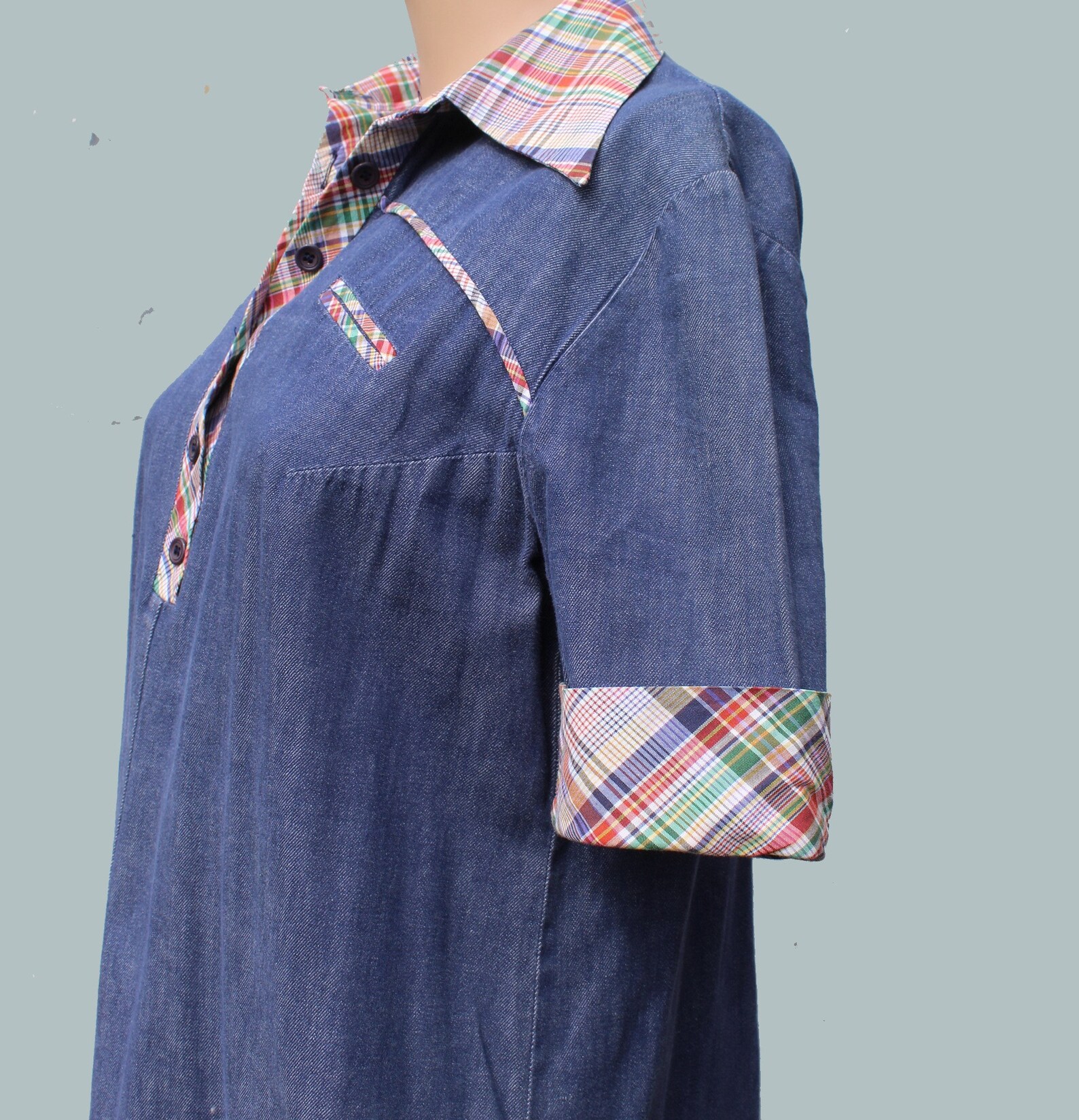 Vintage 70s Denim Tent Dress / Denim and Madras Dress / 70s Denim ...