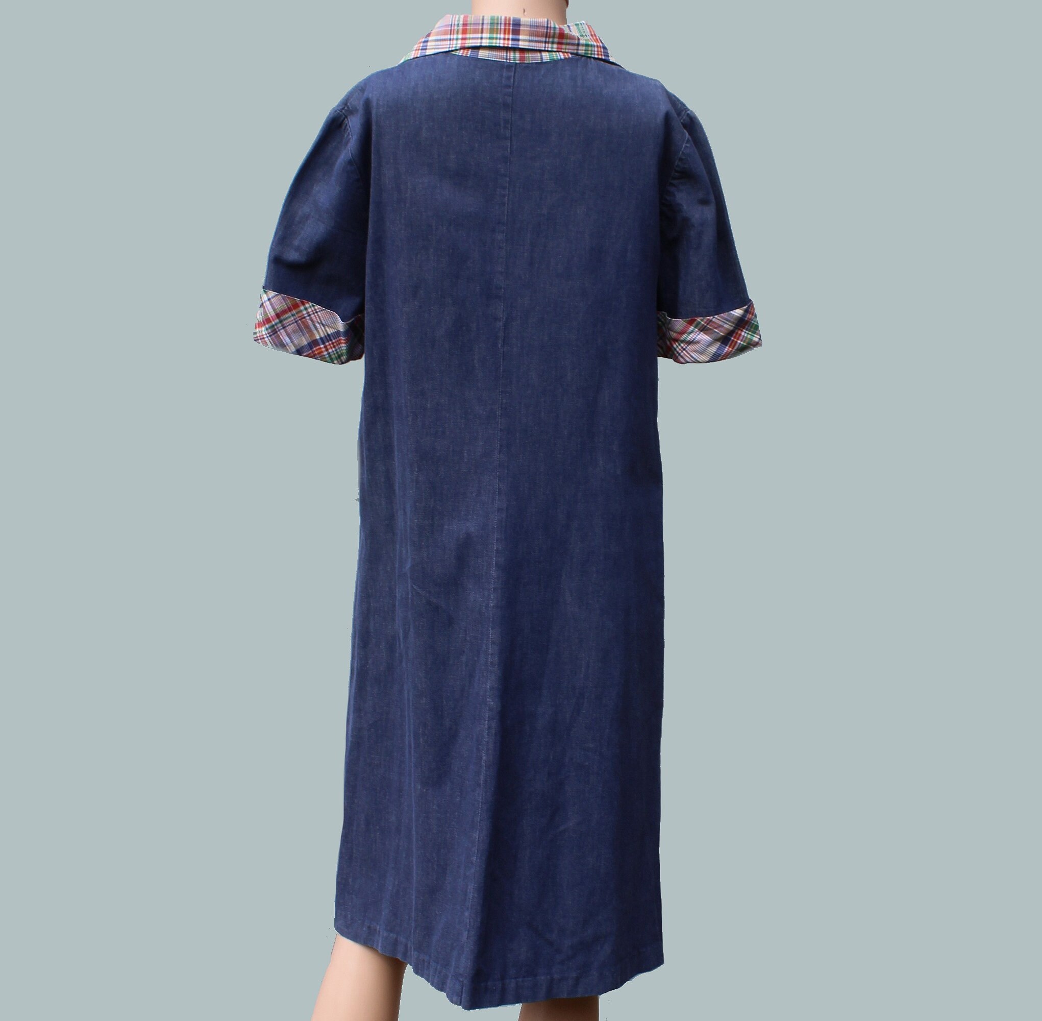 Vintage 70s Denim Tent Dress / Denim and Madras Dress / 70s Denim ...