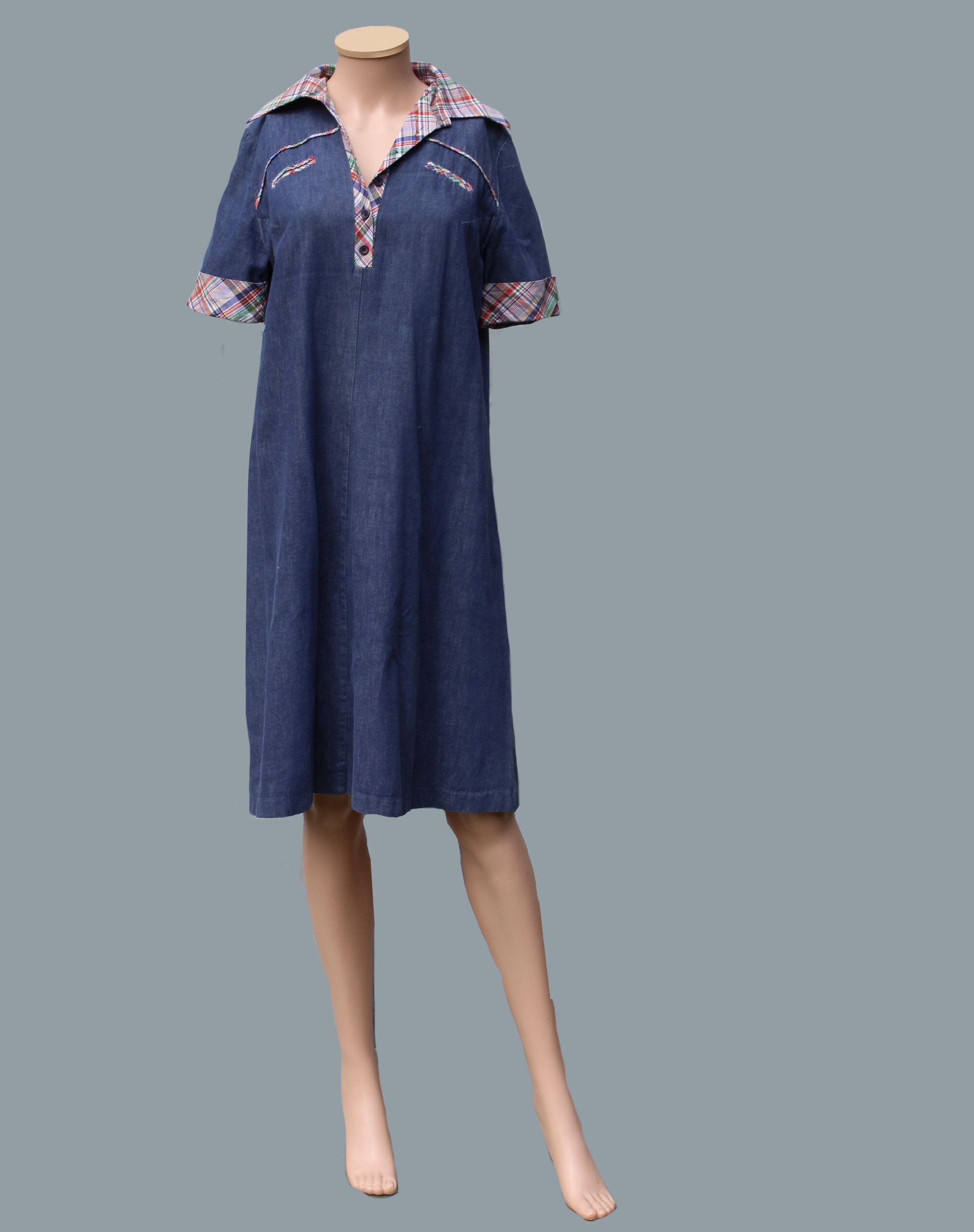 Vintage 70s Denim Tent Dress / Denim and Madras Dress / 70s Denim ...
