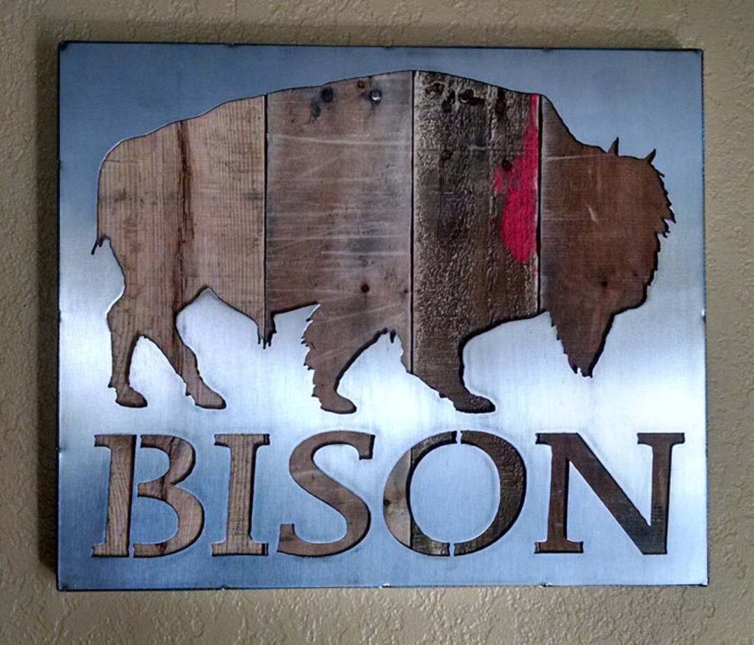 American Bison Metal Art - Reclaimed Wood and Aged Steel - 17.5x14.5 ...