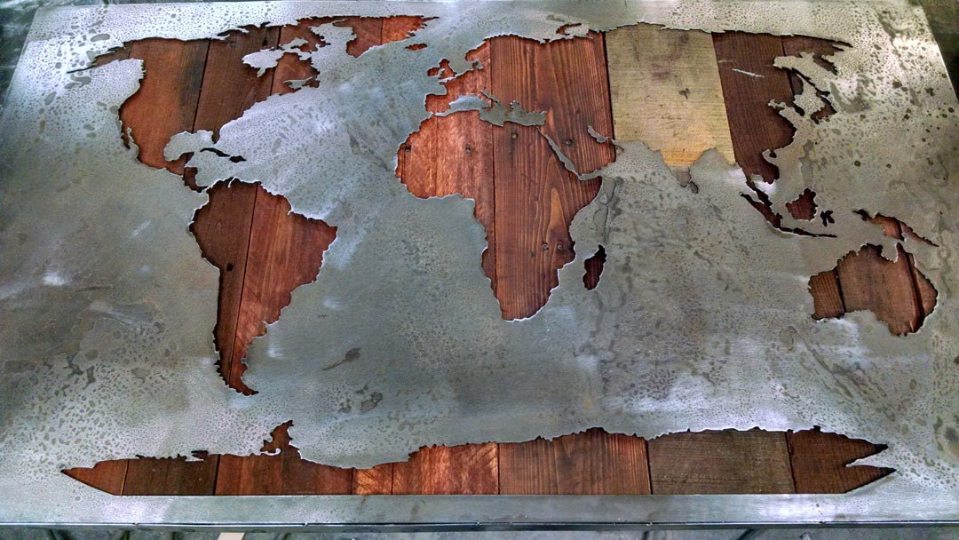 Reverse Cut World Mural Map - 25.25" X 45" - Reclaimed Wood and Metal ...