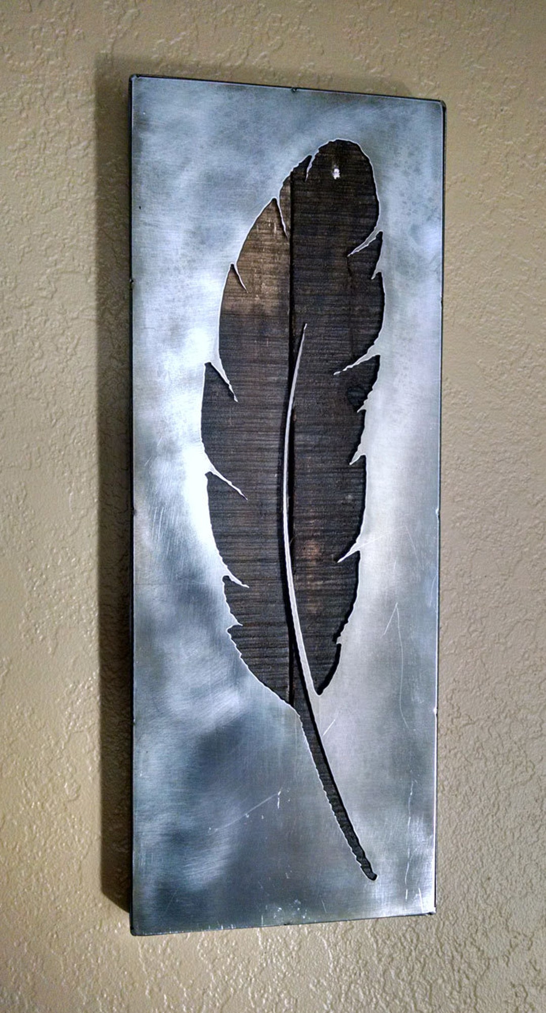 Feather - Metal Art - Reclaimed Wood and Aged Steel - 7.25"x19.25" - by ...