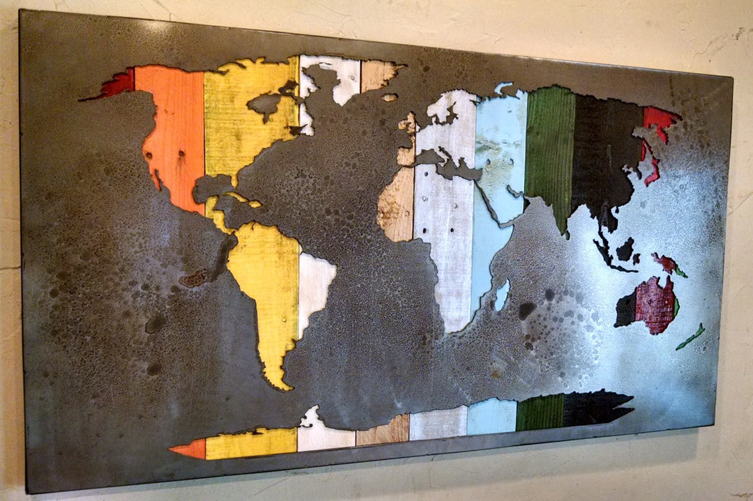 Map of the World - Reverse Cut Mural Map - 25.25" X 45" - Reclaimed ...